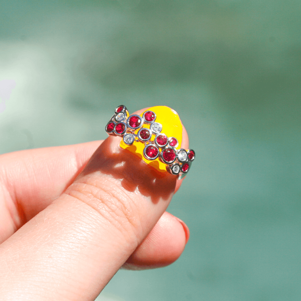 NEW 18 Carat White Gold Ruby & Diamond Bubble Ring - Jordans Jewellers